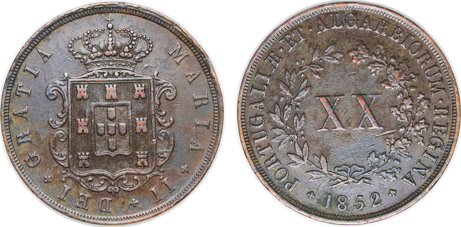 Portugal Kingdom 1852 XX 20 Réis - Maria II Copper (1215000) 24.49g XF ...