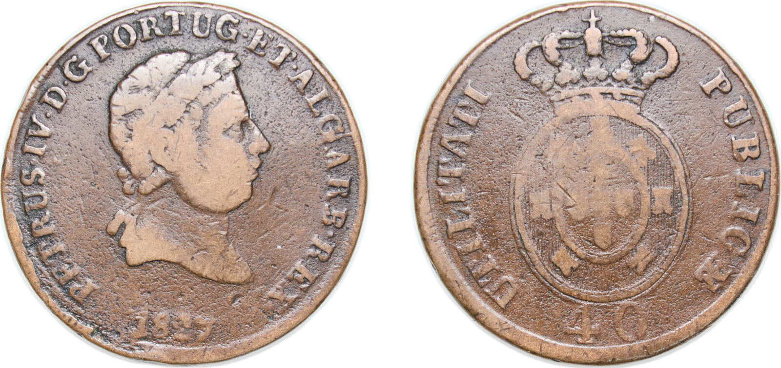 1 Pataco Portugal 1827 Pataco (40 Reis) - Pedro IV Bronze 34.01g VF KM ...