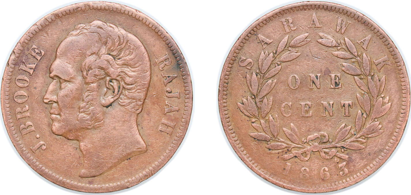 British Malaysia Sarawak 1863 1 Cent - James Brooke Rajah Copper 9.37g ...