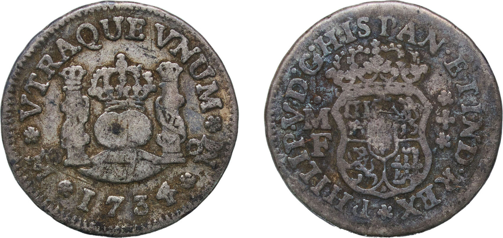 1734 MF Mexico City Mint Mexico Spanish colony 1734 MF ½ Real - Felipe ...