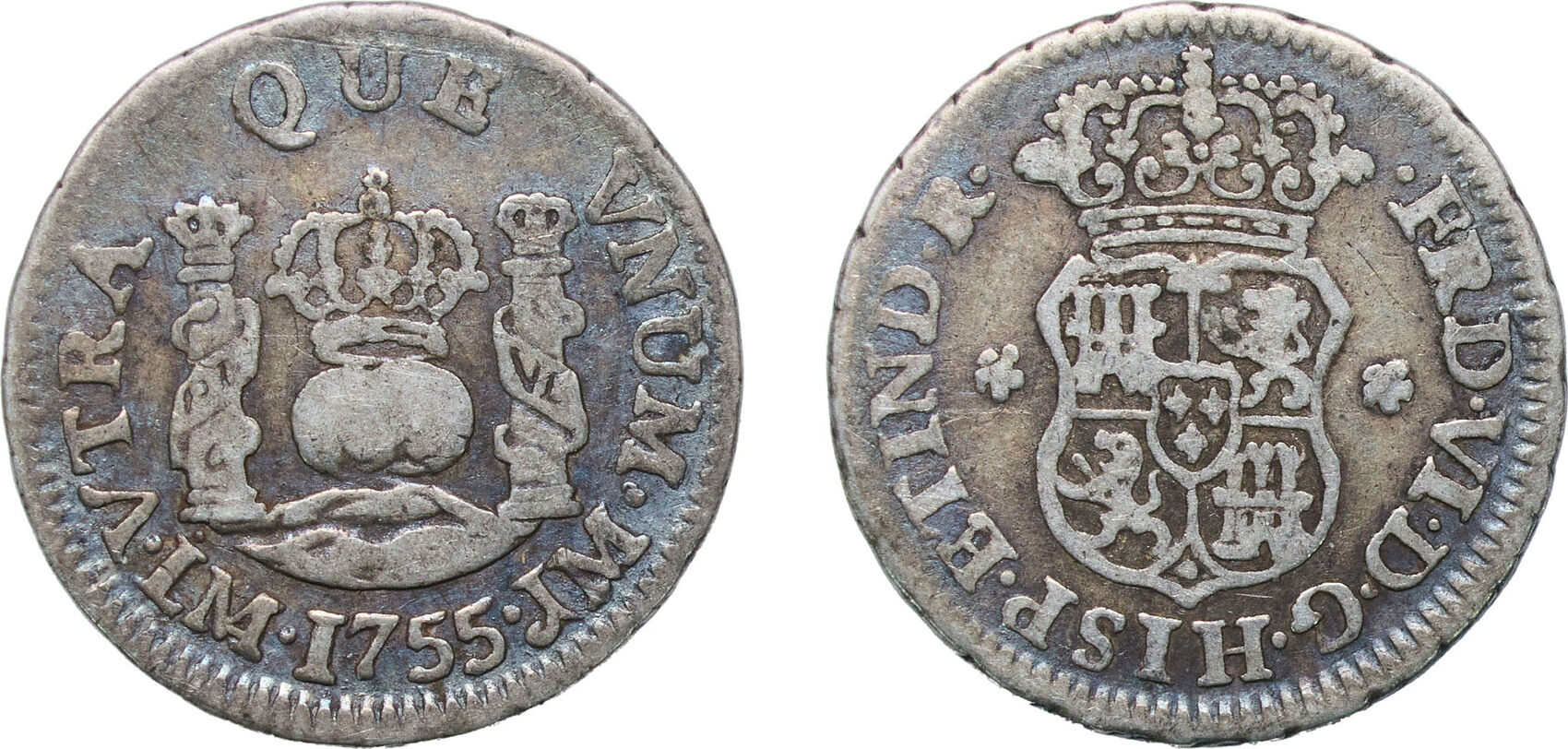 1755 LM JM Lima Mint Peru Spanish colony 1755 LM JM ½ Real - Fernando VI (arms) Silver (.917 ...