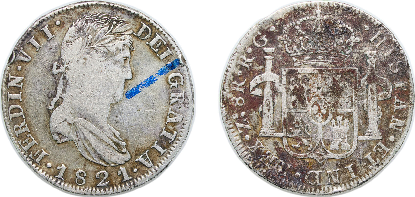 1821 Zs RG Zacatecas Mint Mexico Spanish colony 1821 Zs RG 8 Reales - Fernando VII (Zacatecas ...