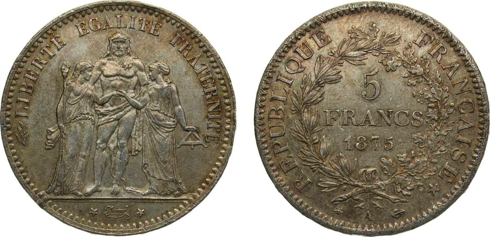1875A Paris Mint France Third Republic 1875A 5 Francs Hercule Silver ...