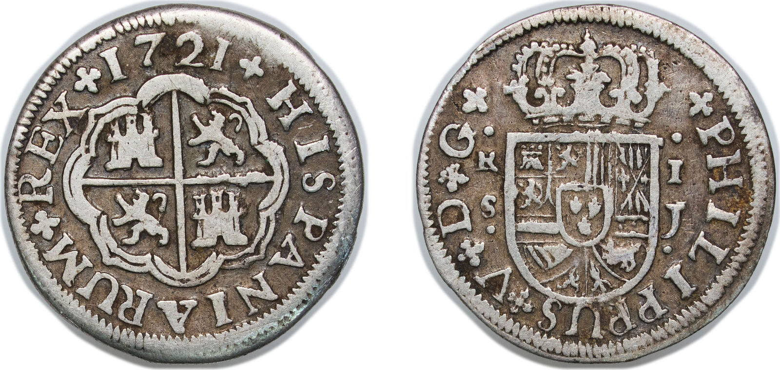 1721 J Seville Mint Spain Kingdom 1721 J 1 Real - Felipe V Silver (.833 ...