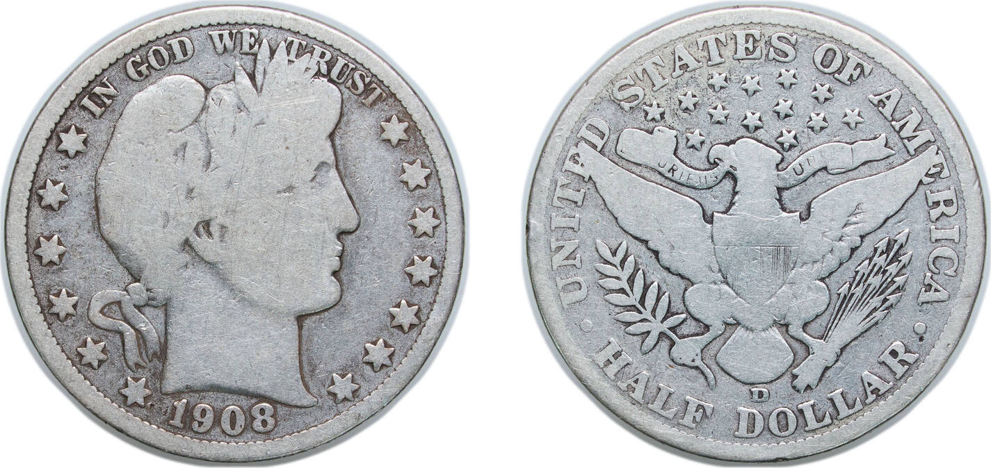 1908 D Denver Mint United States Federal republic 1908 D ½ Dollar ...