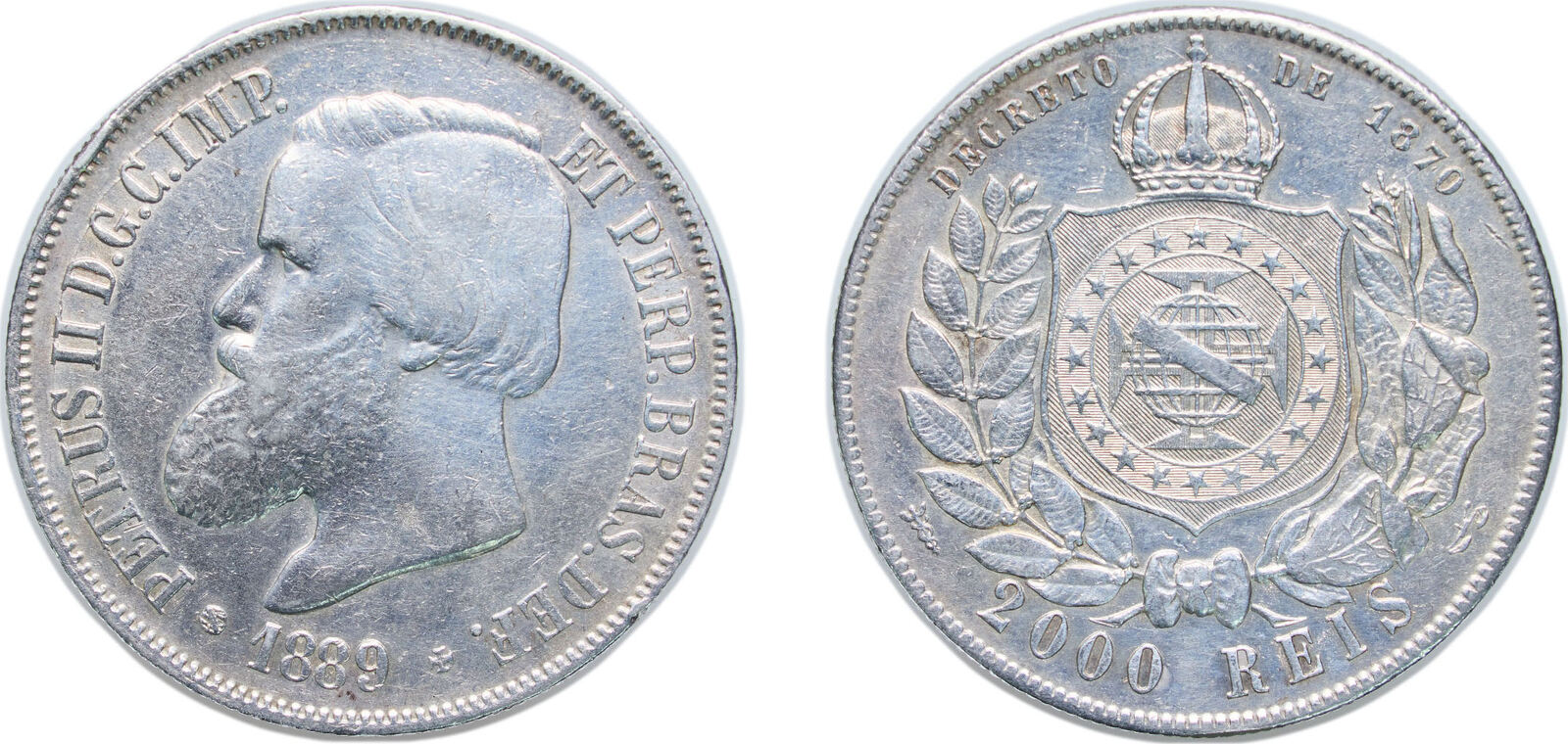 Brazil 1889 2000 Réis - Pedro II Silver (1280232) 25.46g XF KM 485 | MA ...