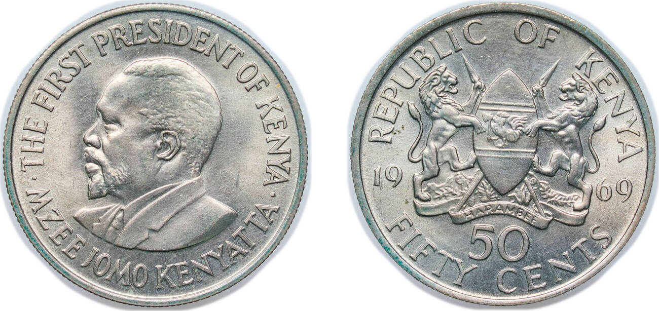 Kenya 1969 50 Cents (With legend) Copper-nickel (4400000) 3.89g UNC KM ...