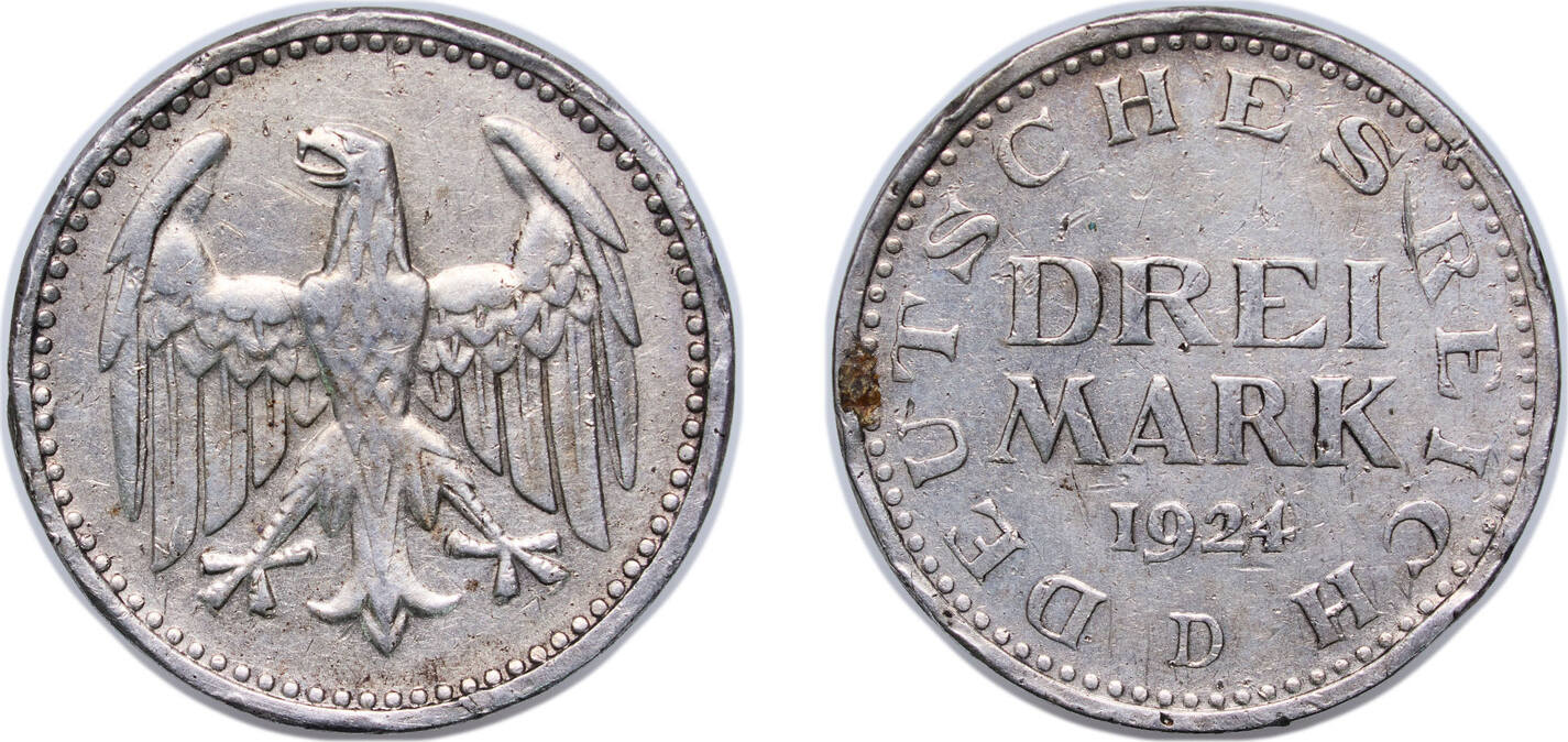 3 Reichsmark 1924 D Munich Mint Germany Weimar Republic 1924 D 3 Mark ...
