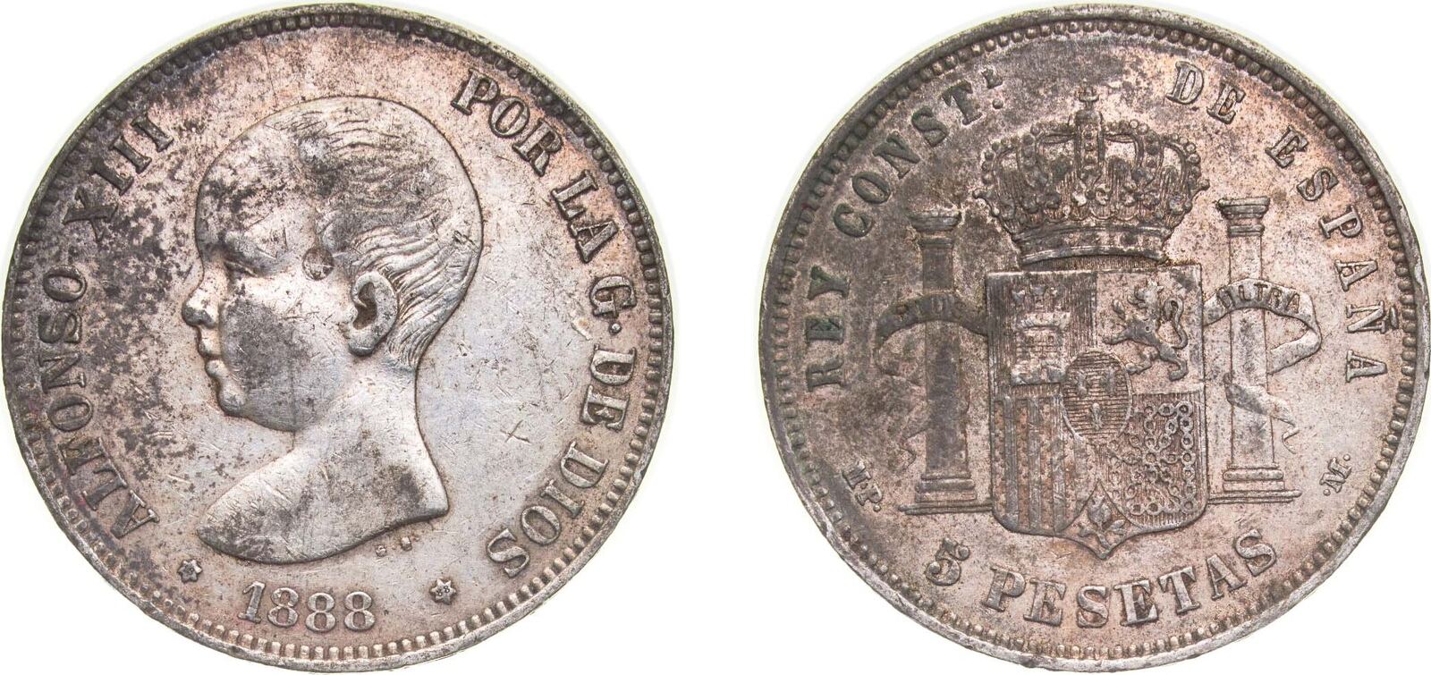 1888 *18-88 MPM Madrid Mint Spain Kingdom 1888 *18-88 MPM 5 Pesetas ...