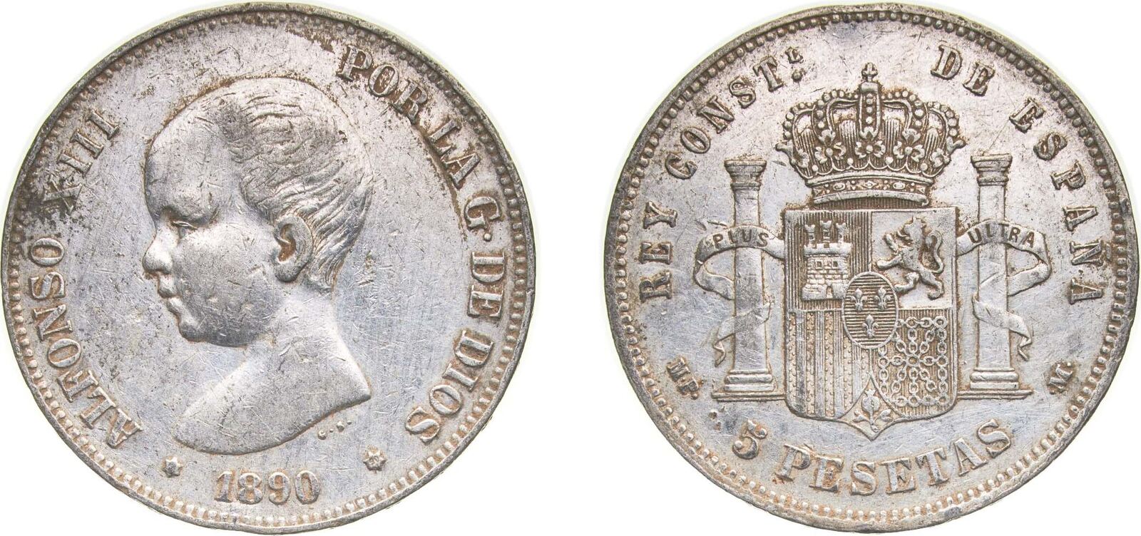 1890 *18-90 MPM Madrid Mint Spain Kingdom 1890 *18-90 MPM 5 Pesetas ...