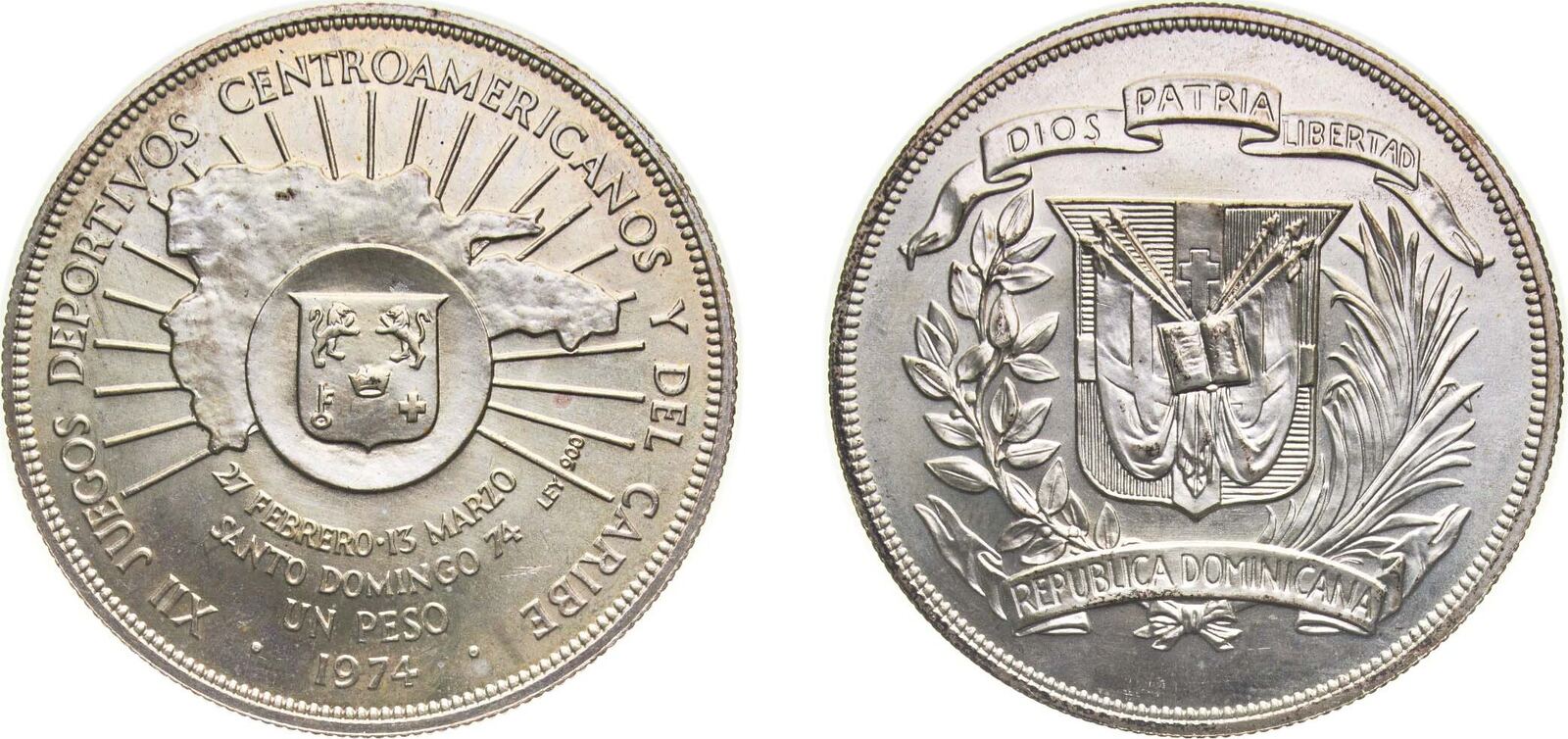 1974 Royal Mint Dominican Republic Fourth Republic 1974 1 Peso (Central ...