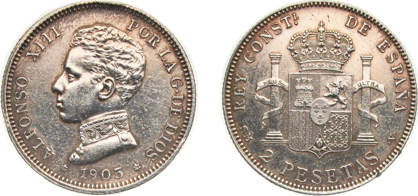 1905 *19-05 SMV Madrid Mint Spain Kingdom 1905 *19-05 SMV 2 Pesetas ...