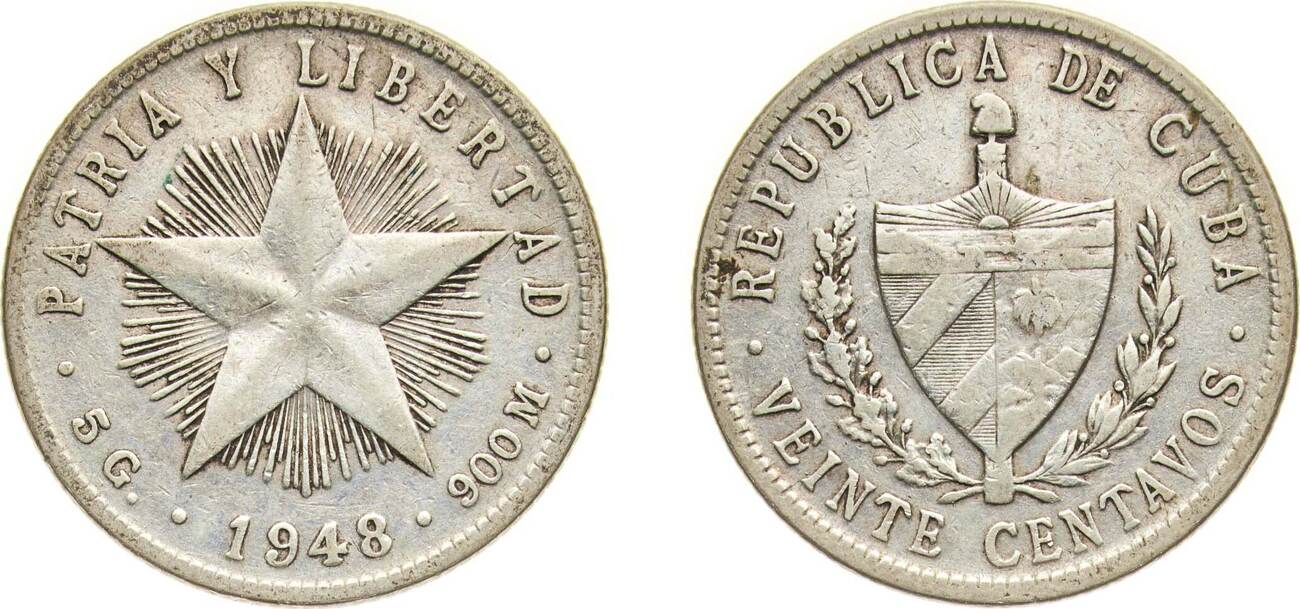 1948 Philadelphia Mint Cuba First Republic 1948 20 Centavos Silver (.900) Philadelphia Mint ...