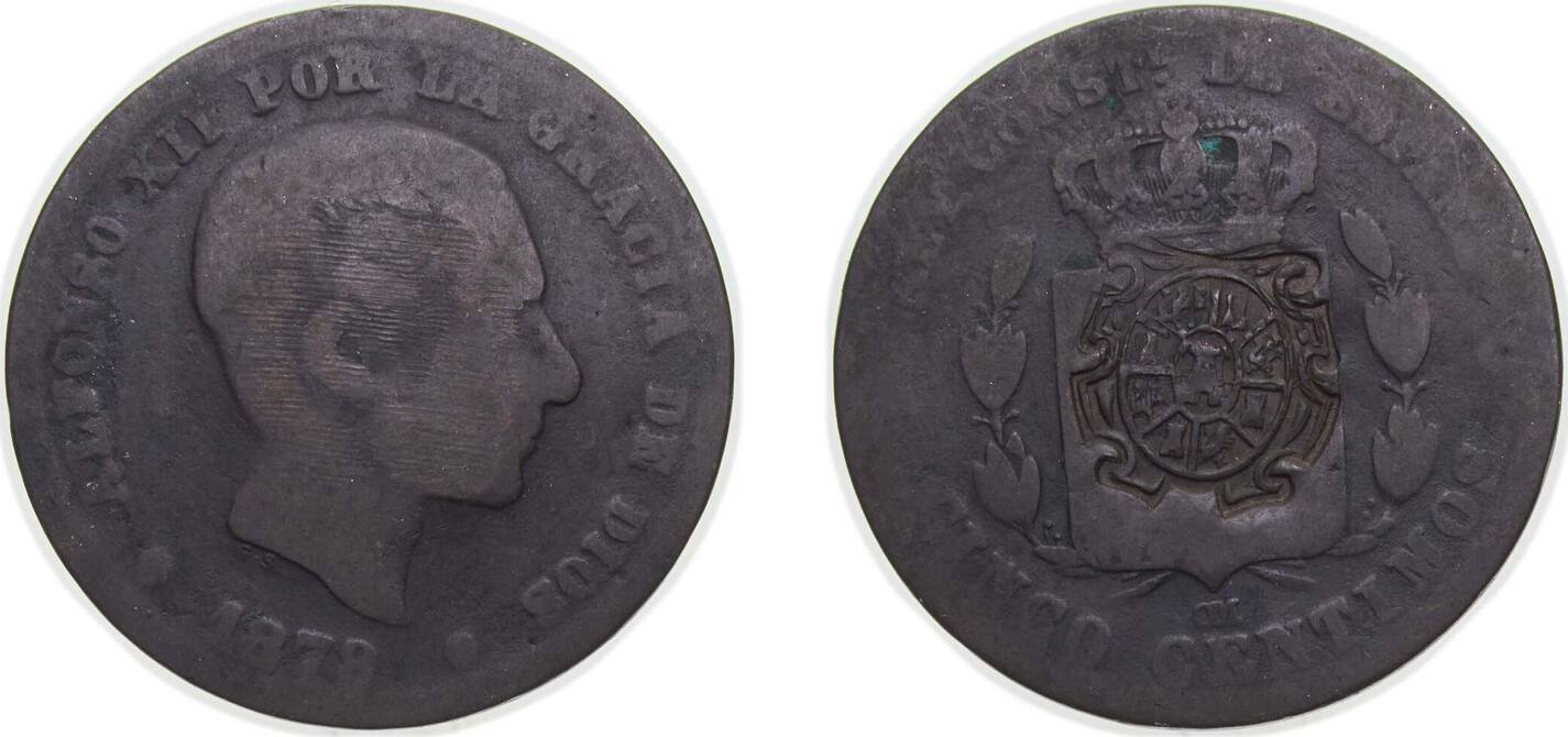 1878 OM Barcelona Mint Spain Kingdom 1878 OM 5 Centimos - Alfonso XII ...