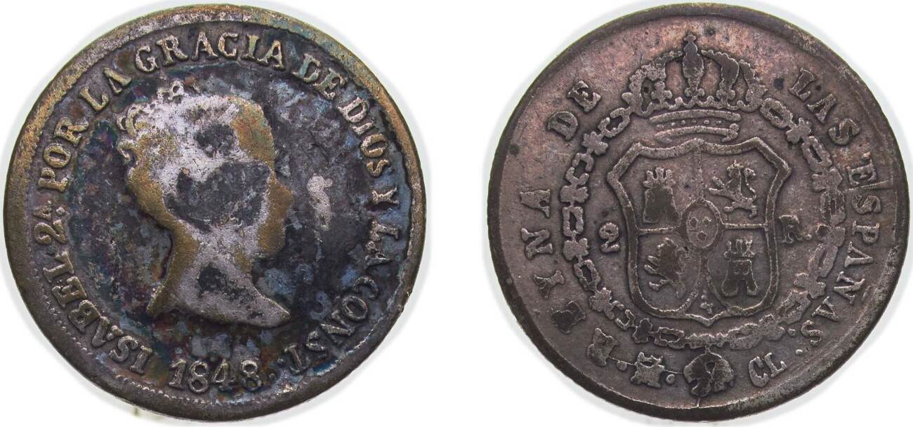 Spain Kingdom 1848 M CL (Contemporary counterfeit) 2 Reales - Isabel II ...