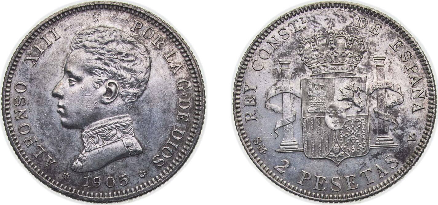 1905 *19-05 SMV Madrid Mint Spain Kingdom 1905 *19-05 SMV 2 Pesetas ...
