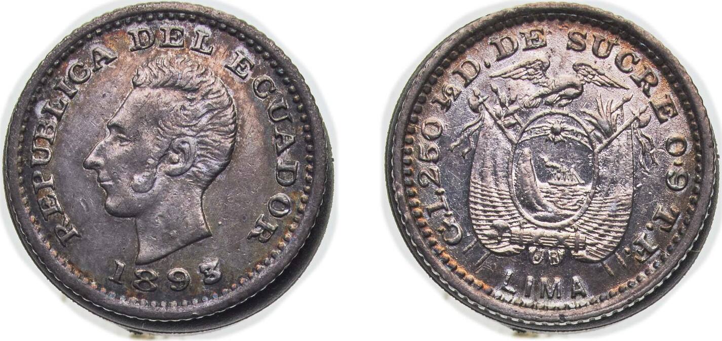 1893 LIMA TF Lima Mint Ecuador Republic 1893 LIMA TF ½ Décimo Silver ...