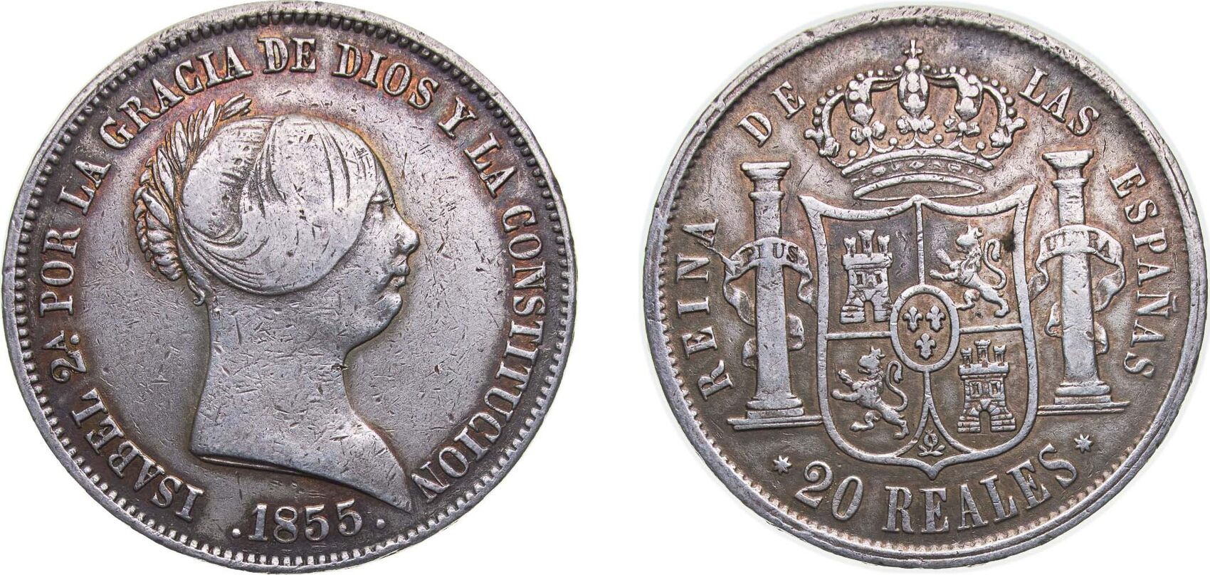 1855 Seville Mint Spain Kingdom 1855 20 Reales - Isabel II Silver (.900 ...