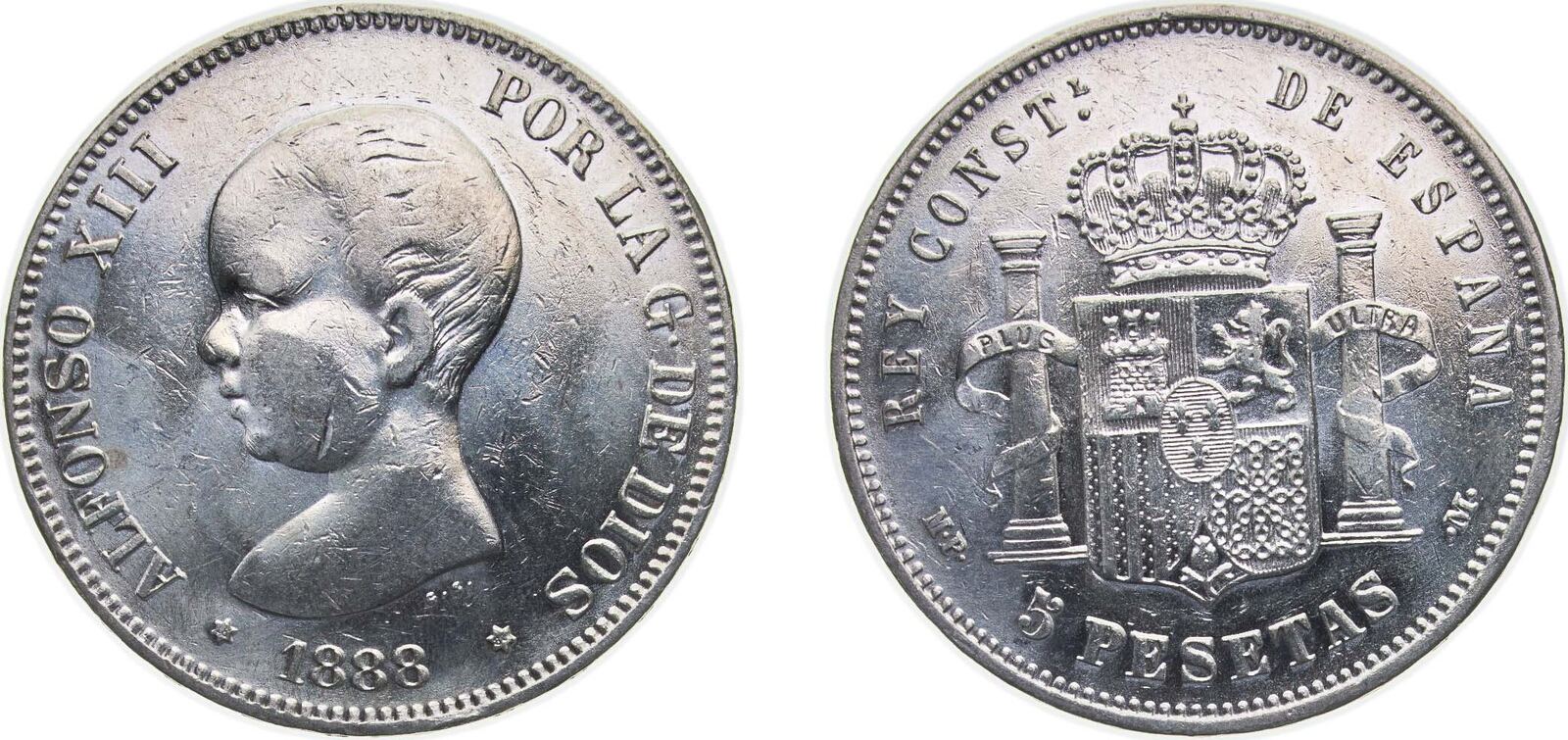 1888 *18-88 MPM Madrid Mint Spain Kingdom 1888 *18-88 MPM 5 Pesetas ...
