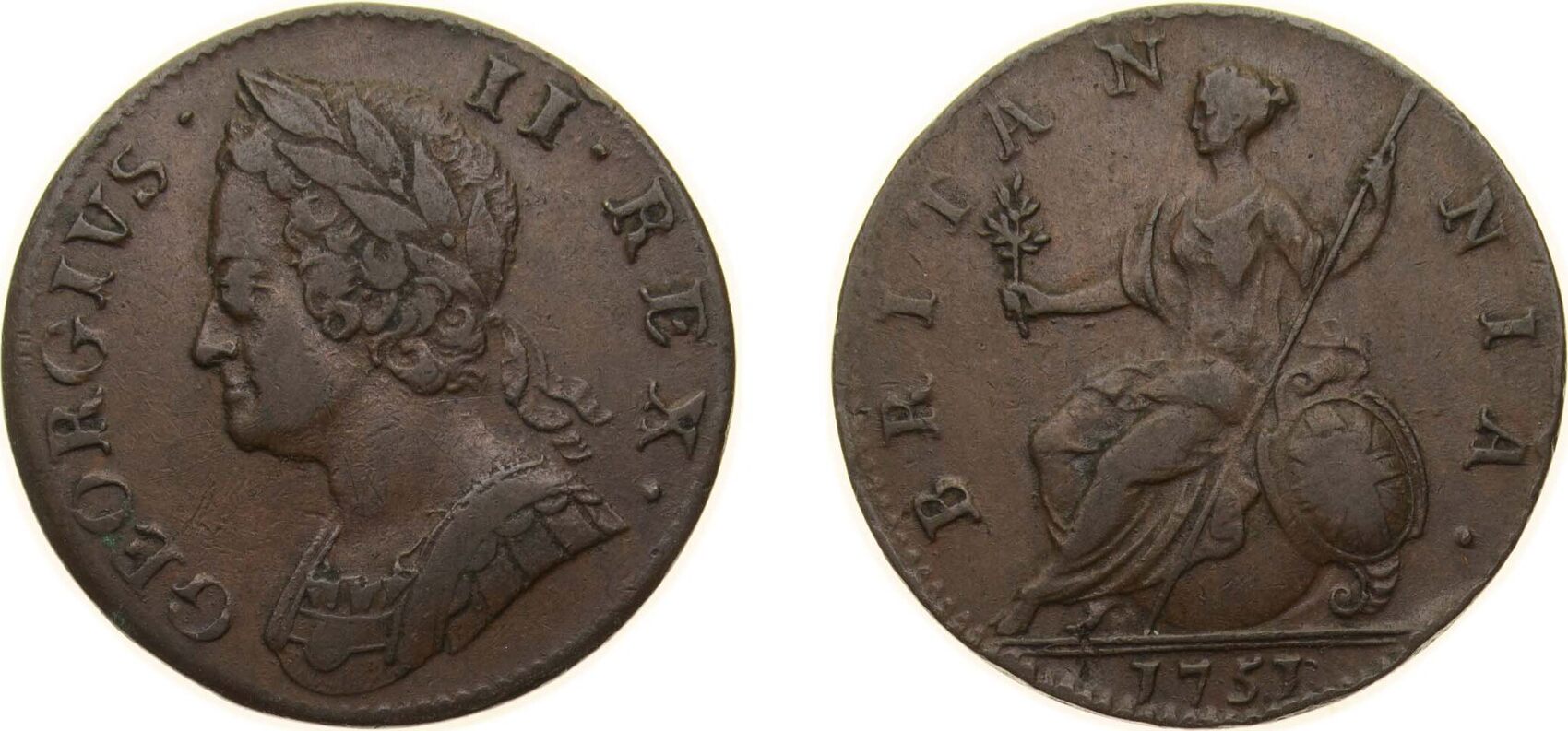Great Britain United Kingdom 1751 ½ Penny - George II (old bust) Copper ...