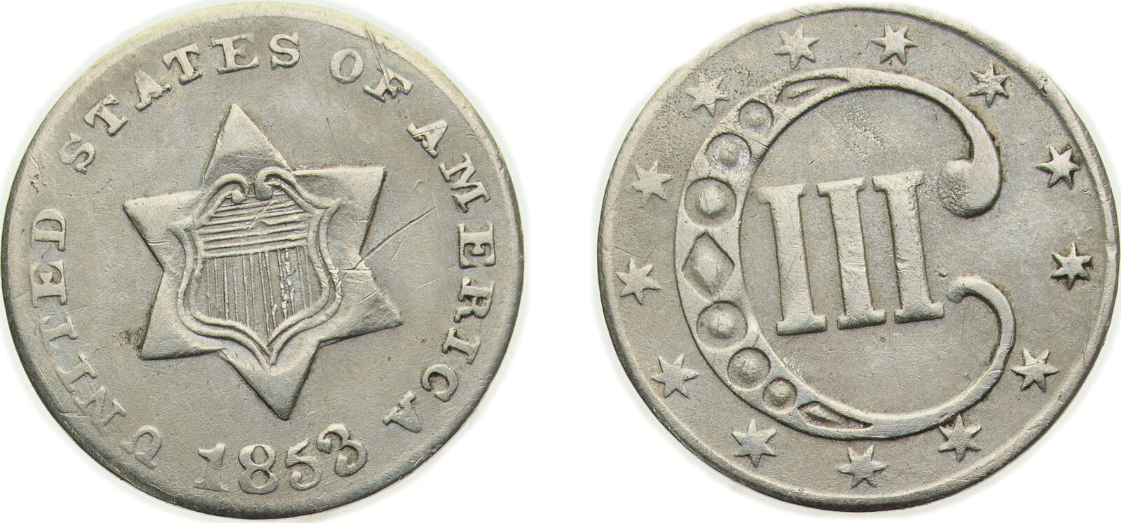 1853 Philadelphia mint United States Federal republic 1853 3 Cents ...