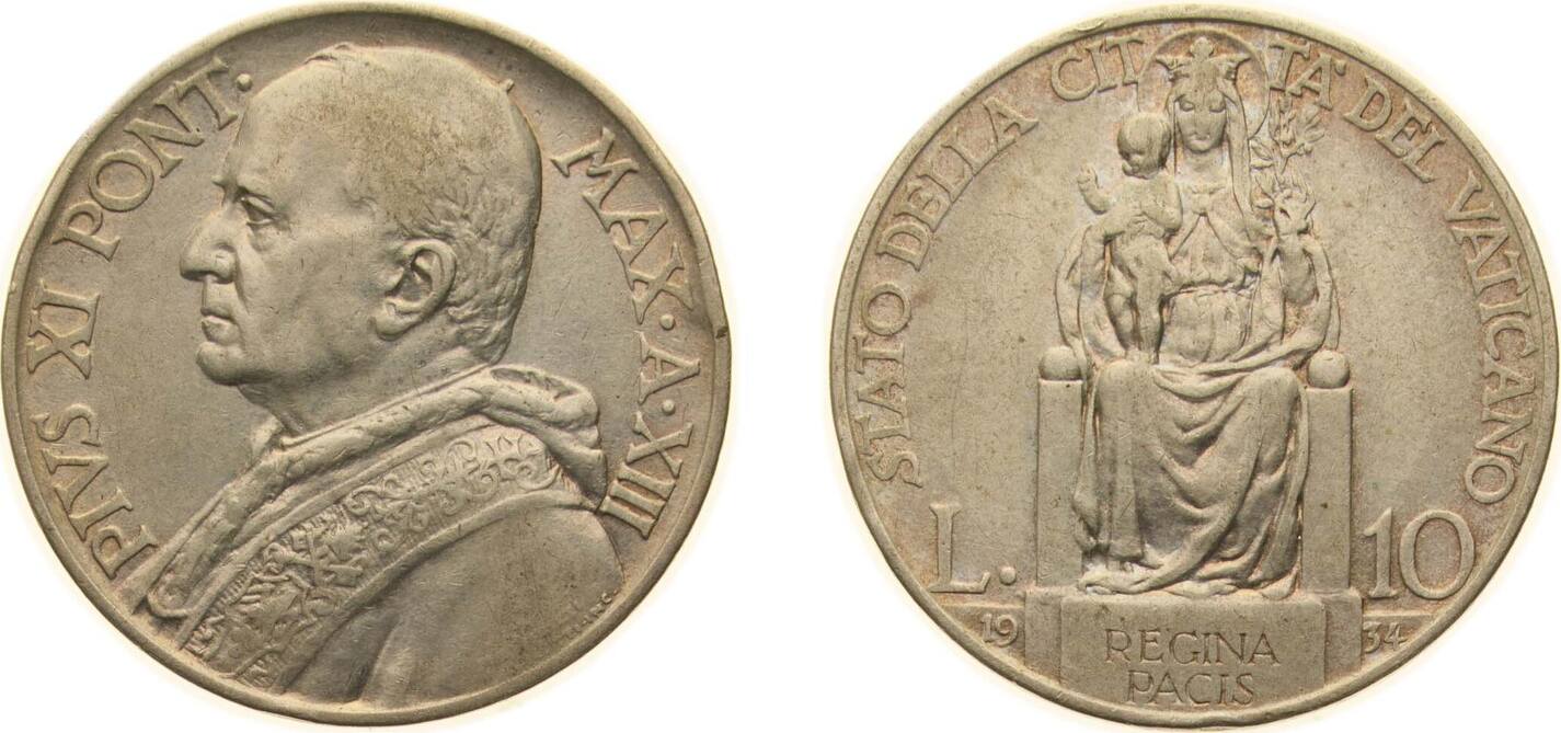 1934 Rome Mint Vatican City City State 1934 10 Lire - Pius XI Silver (.835) Rome Mint (60000 ...