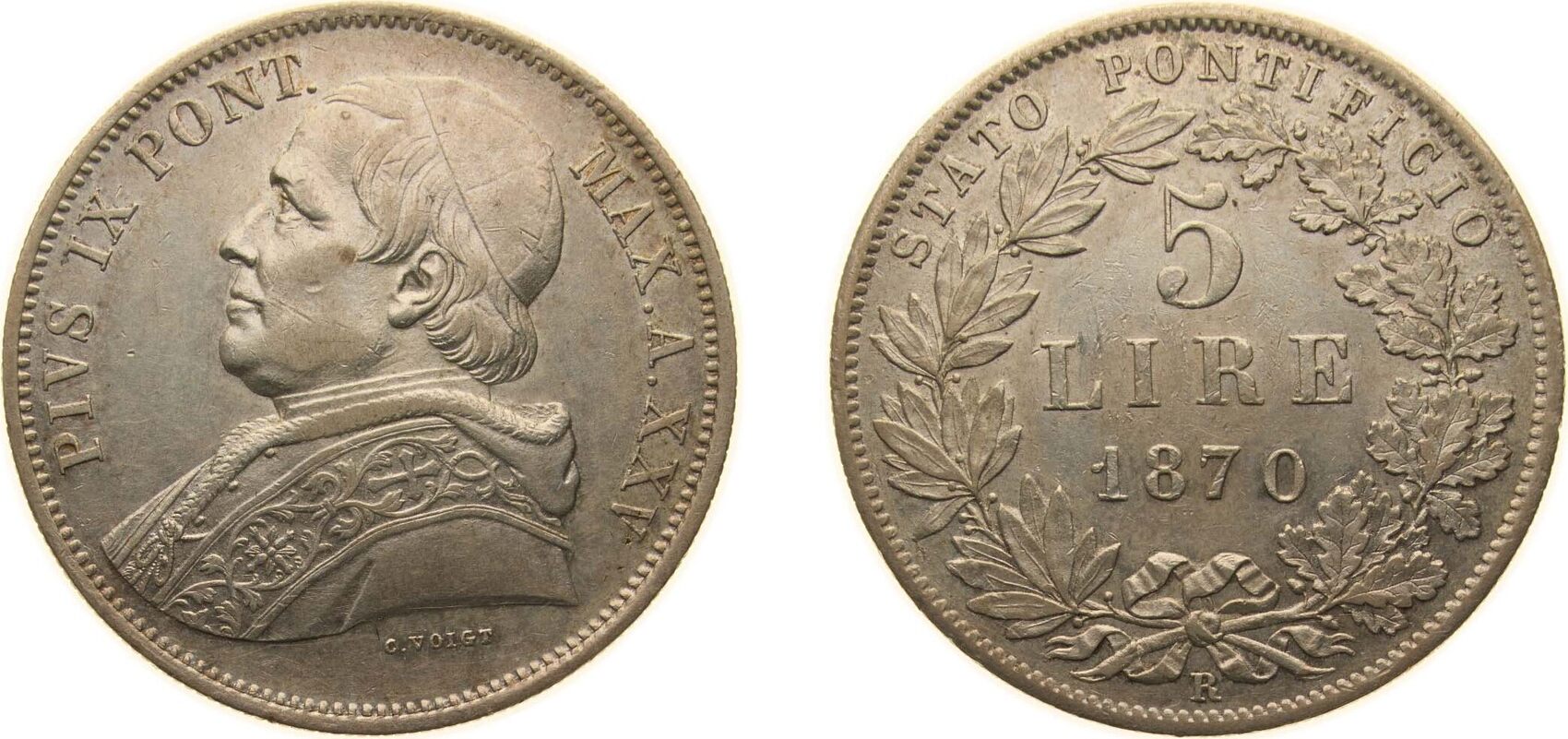 5 Lire (Scudo) 1870 R Rome Mint Italy Papal States Italian states 1870 ...