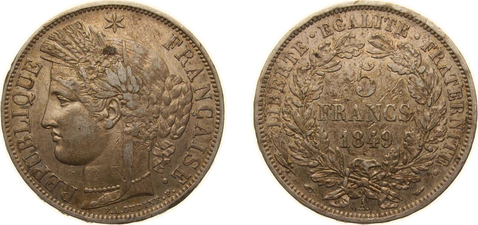 1849 A Paris Mint France Second Republic 1849 A 5 Francs Silver (.900 ...