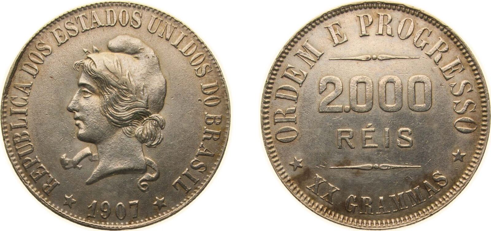 Brazil Republic of the United States of Brazil 1907 2000 Réis Silver ...