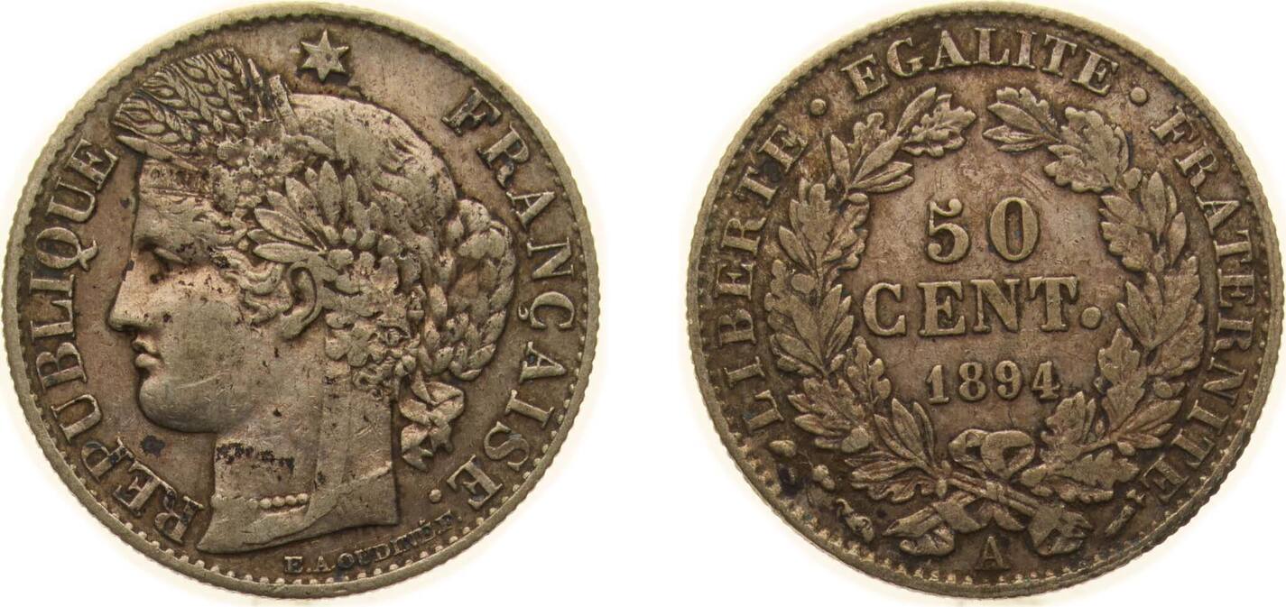 1894 A Paris Mint France Third Republic 1894 A 50 Centimes Silver (.835 ...