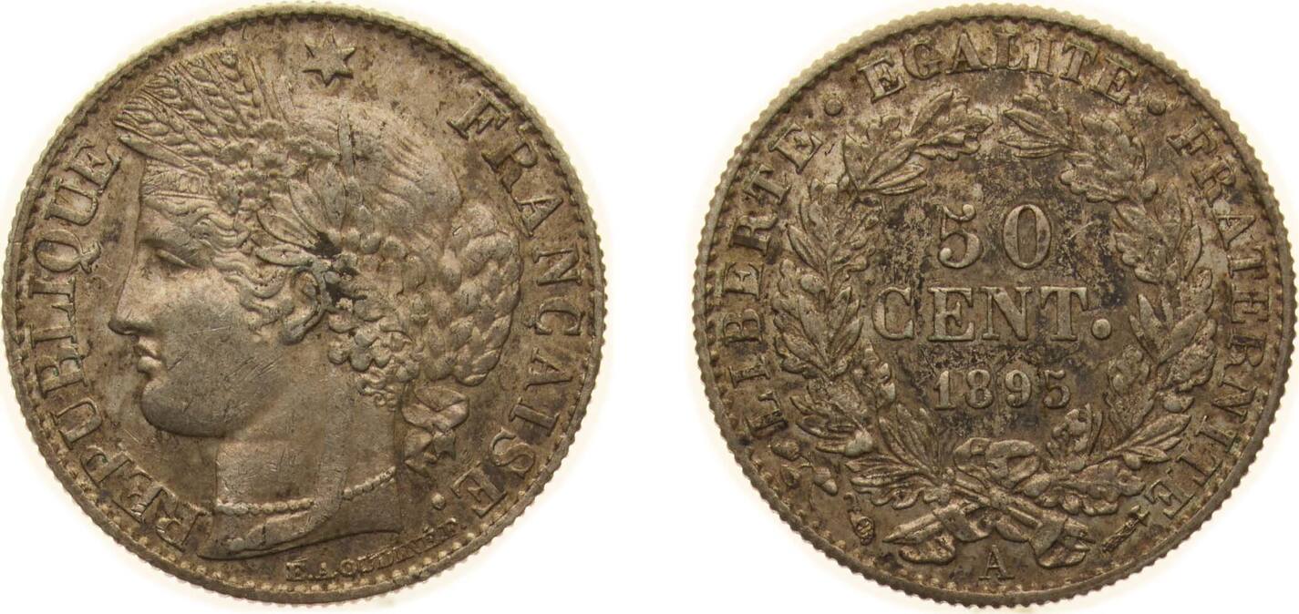 1895 A Paris Mint France Third Republic 1895 A 50 Centimes Silver (.835 ...