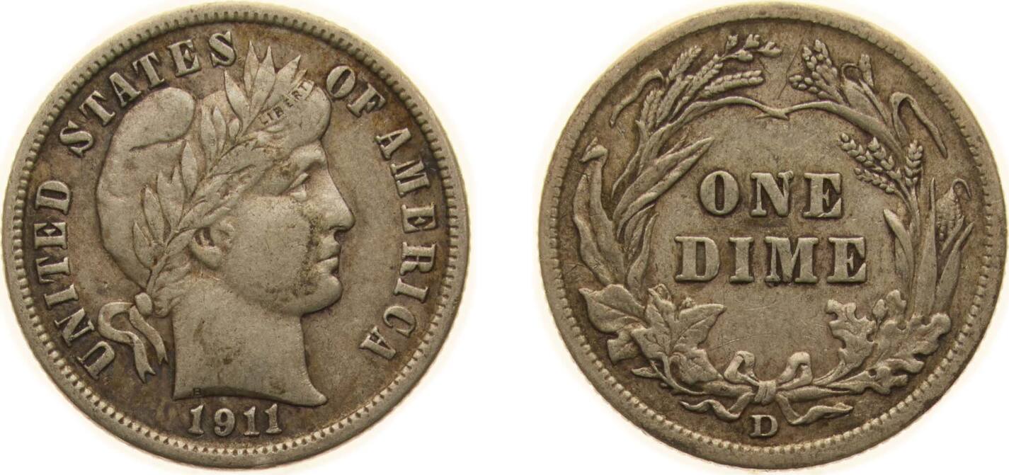 1911 D Denver Mint United States Federal republic 1911 D 1 Dime Barber ...