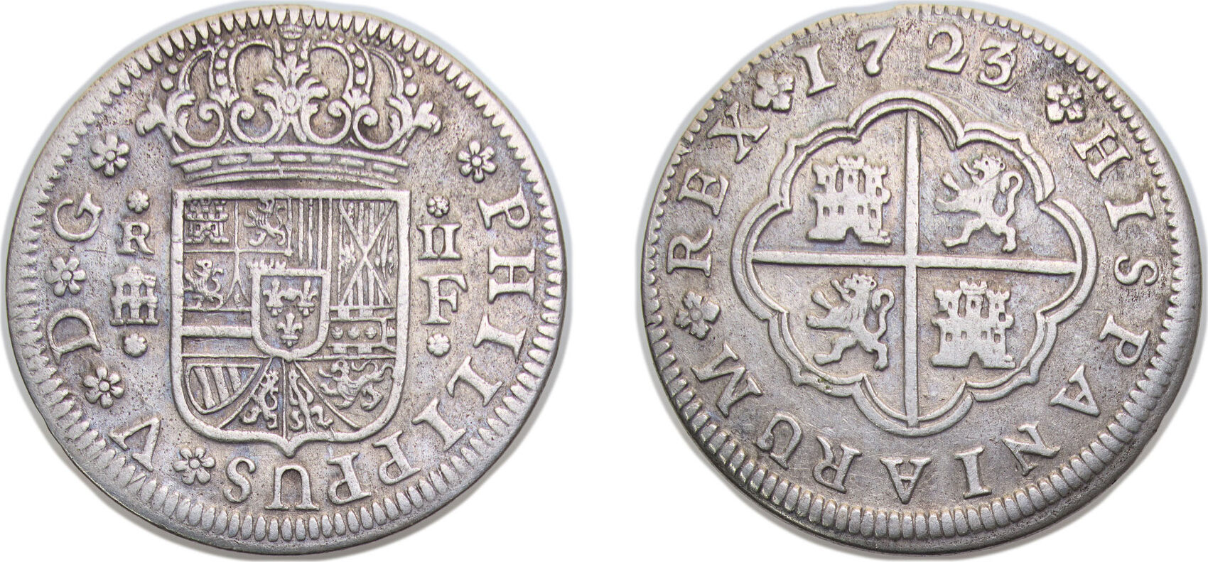 1723 F Segovia Mint Spain Kingdom 1723 F 2 Reales - Felipe V Silver ...