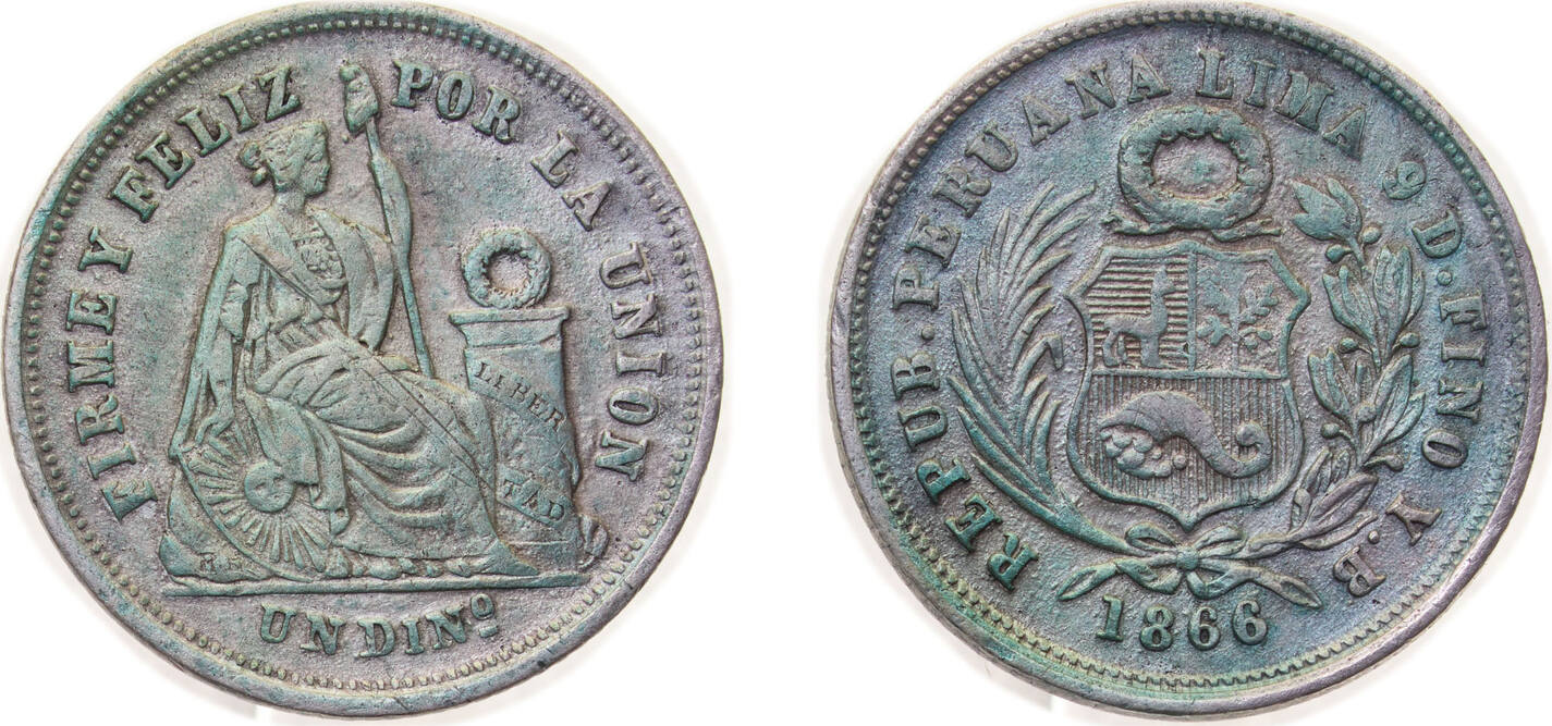 1866 YB Lima Mint Peru Republic 1866 YB 1 Dinero Silver (.900) Lima ...