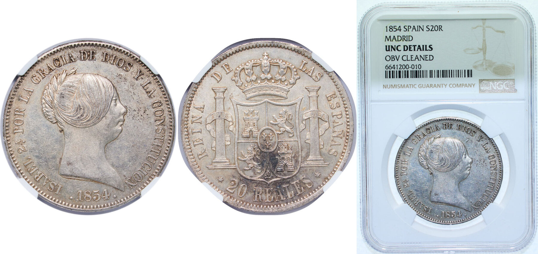 1854 Madrid Mint Spain 1854 20 Reales - Isabel II Silver (.900) Madrid ...