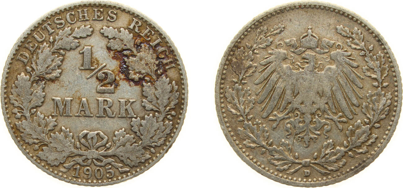 1905 D Munich Mint Germany Germany - 1871-1948 Second Empire 1905 D ½ ...