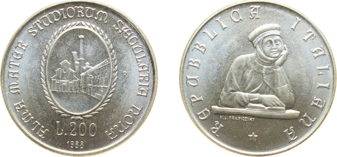 1988 R Rome Mint Italy Republic 1988 R 200 Lire (University of Bologna ...