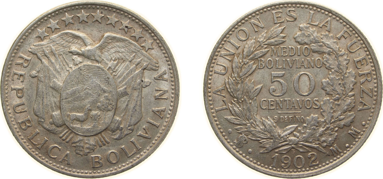1902 PTS MM Potosi Mint Bolivia Republic 1902 PTS MM ½ Boliviano / 50 Centavos Silver (.900 ...
