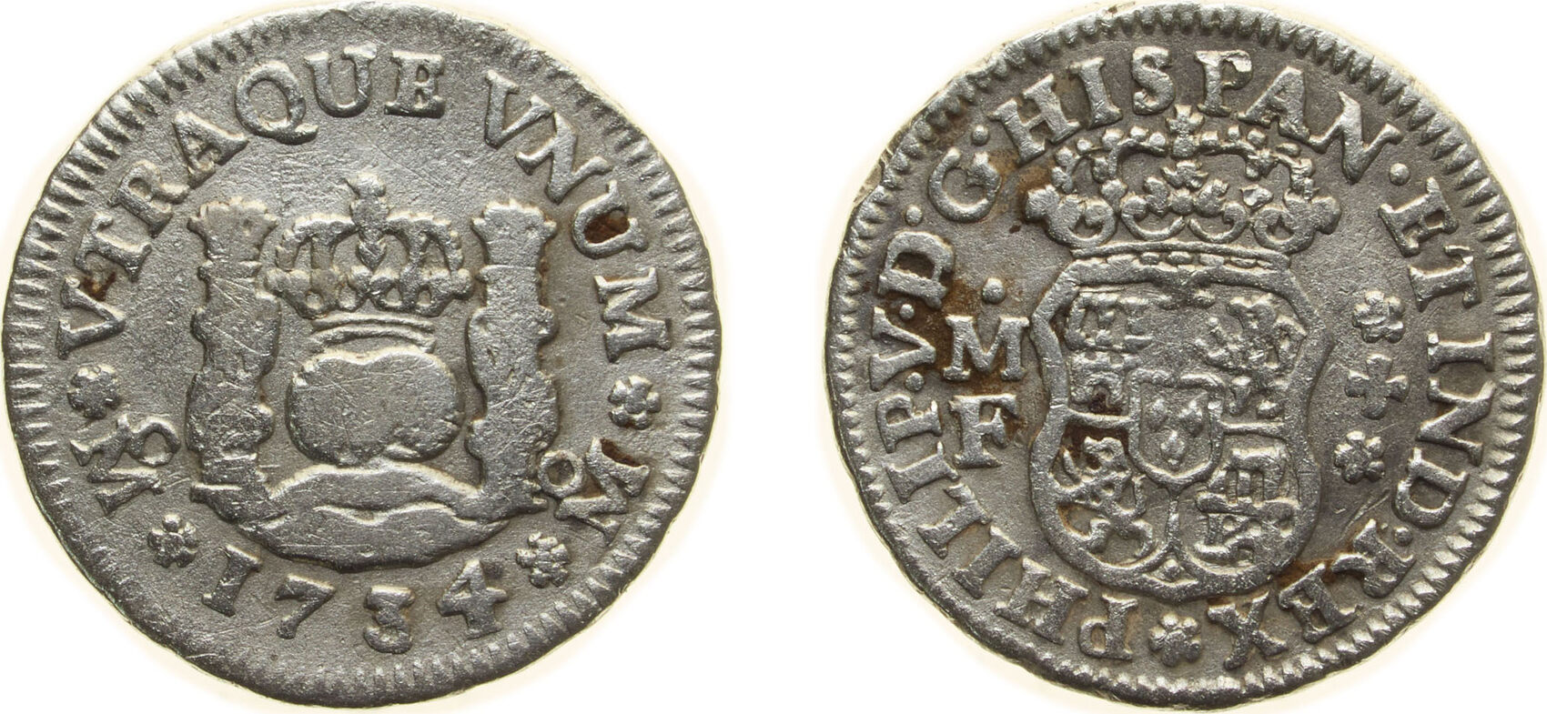 1734 Mo MF Mexico City Mi Mexico Spanish colony 1734 Mo MF ½ Real ...