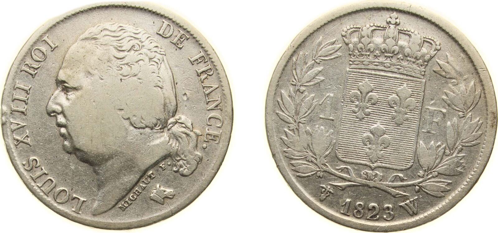 1823 W Lille Mint France Kingdom 1823 W 1 Franc - Louis XVIII Silver ...