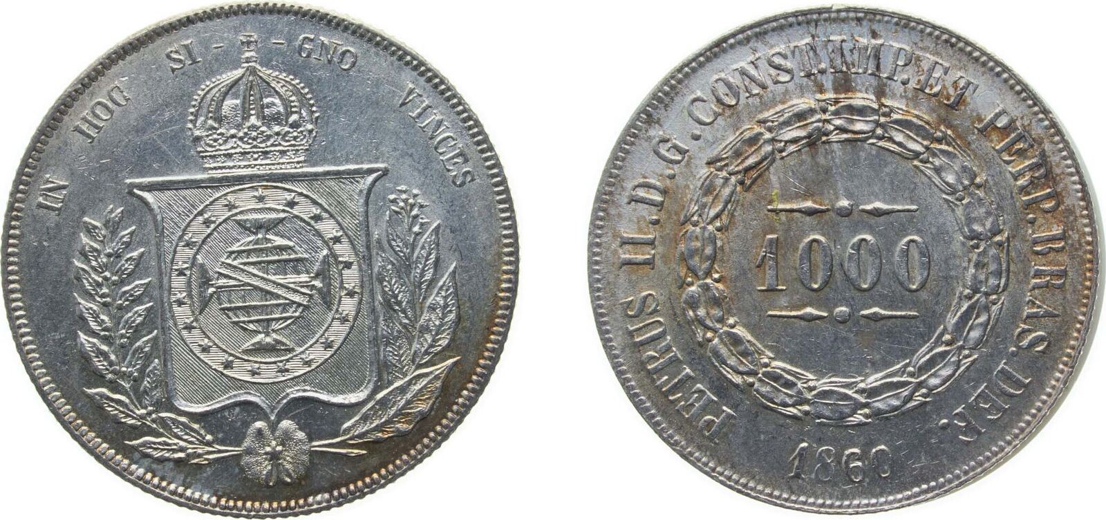 1860 Rio de Janeiro Mint Brazil Empire 1860 1000 Réis - Pedro II Silver ...