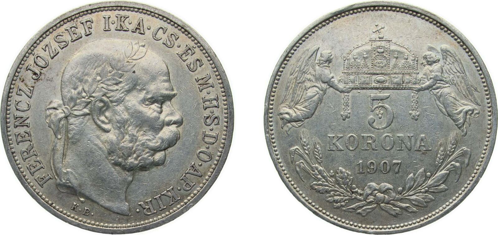 1907 KB Kremnica Mint Hungary Kingdom 1907 KB 5 Korona - I. Ferenc József (Franz Joseph I - 1848 ...