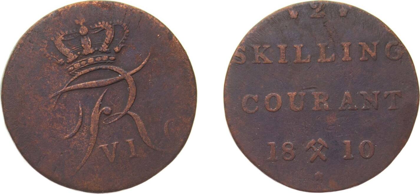 Norway Kingdom 1810 2 Skilling Courant - Frederik VI Copper 8.9g VF KM ...