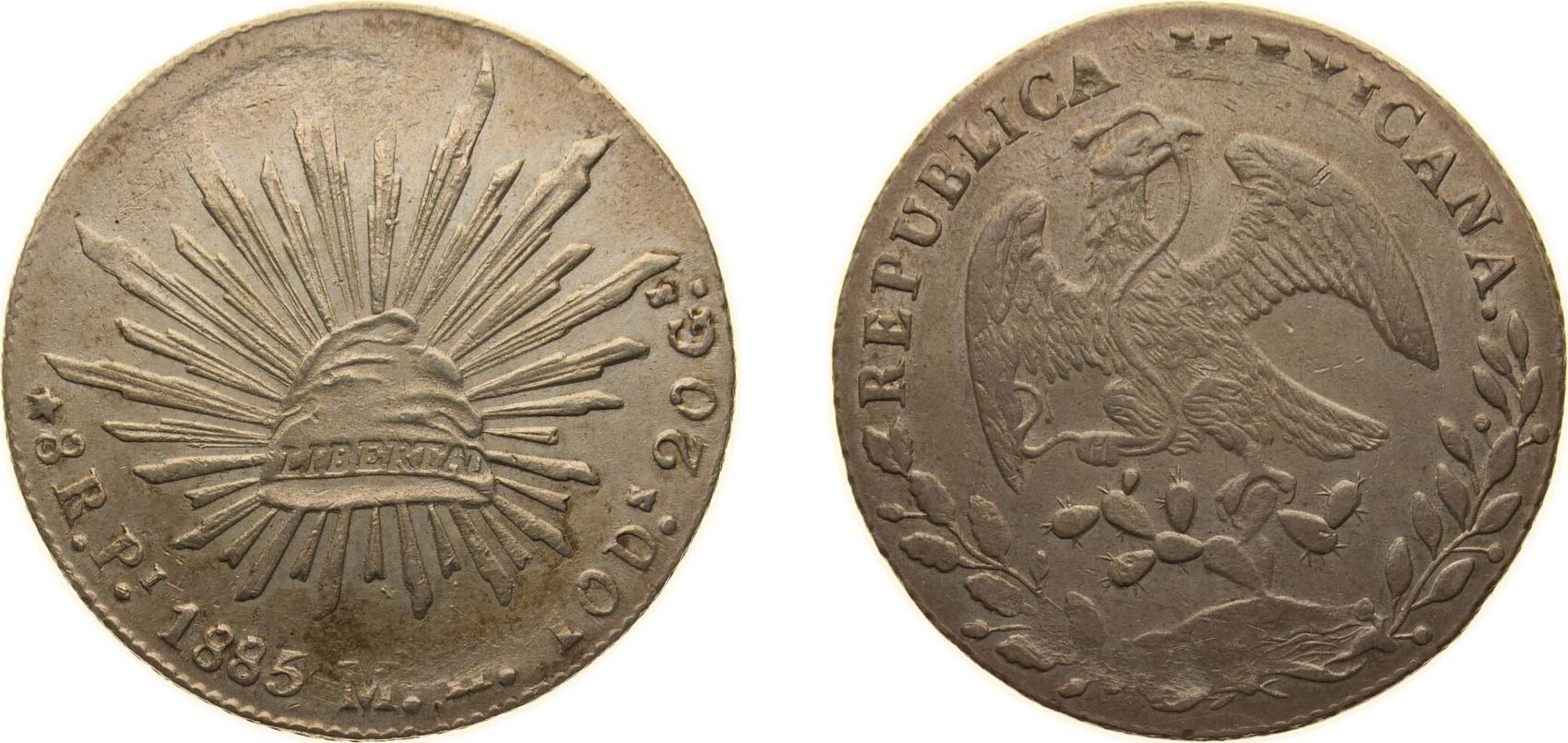 1885 Pi MH San Luis Potosi Mint Mexico Federal Republic 1885 Pi MH 8 Reales Silver (.903) San ...