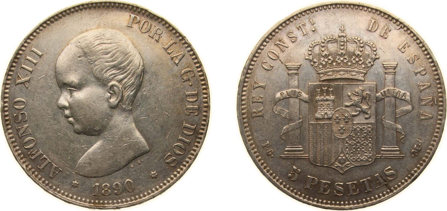 1890 *18-90 PGM Madrid Mint Spain Kingdom 1890 *18-90 PGM 5 Pesetas ...