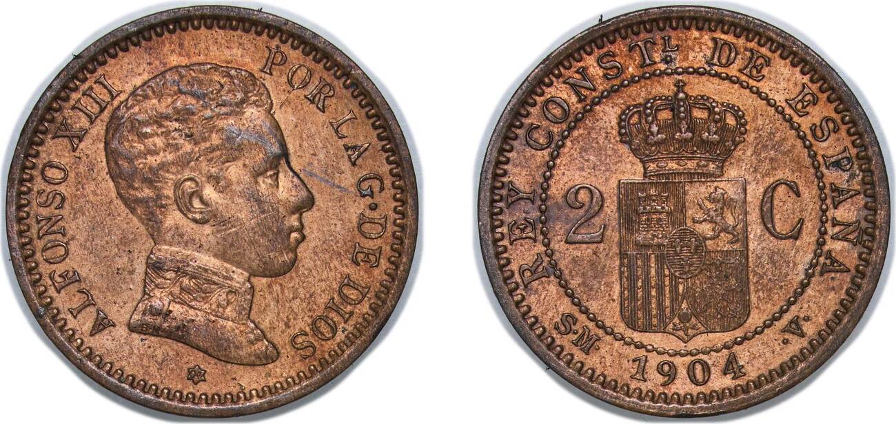 1904 *04 SMV Madrid Mint Spain Kingdom 1904 *04 SMV 2 Centimos ...