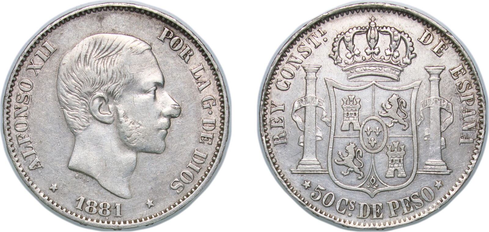 1881 Manila Mint Philippines Spanish colony 1881 50 Centavos - Alfonso ...