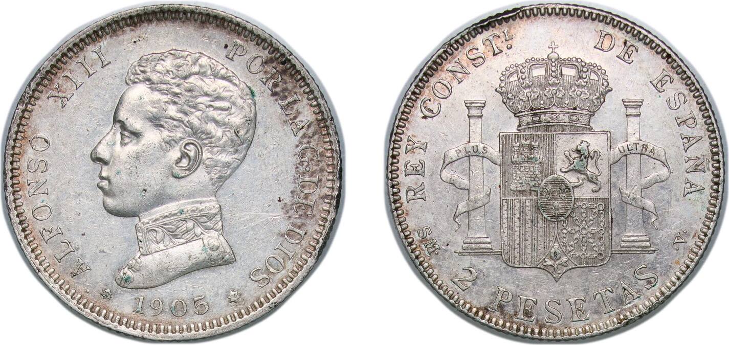 1905 *19-05 SMV Madrid Mi Spain Kingdom 1905 *19-05 SMV 2 Pesetas ...