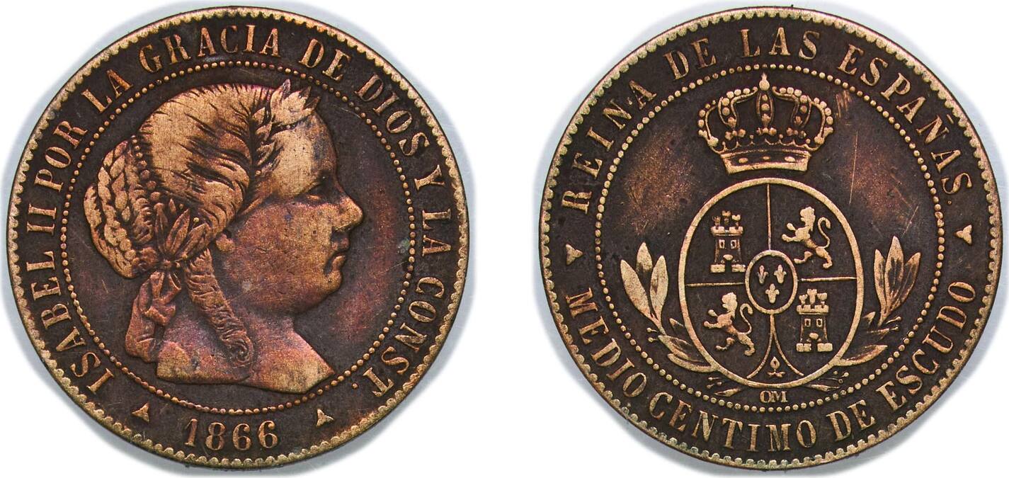 ½ Escudo cent 1866 OM Segovia Mint Spain Kingdom 1866 OM Medio/ ½ ...