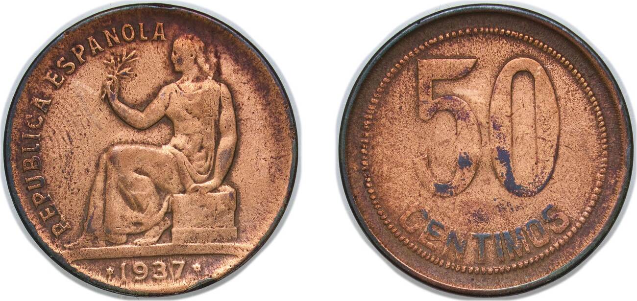 1937 Royal Mint of Spain Spain Second Republic 1937 50 Centimos - II ...